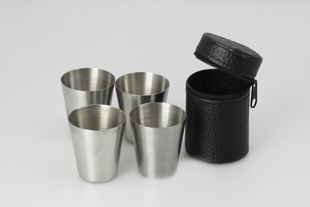 Yueton® Set of 4 Stainless Steel Shot Cups Drinking Vessel with Black Leather Carrying Case (30ml)