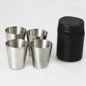 Yueton® Set of 4 Stainless Steel Shot Cups Drinking Vessel with Black Leather Carrying Case (30ml)