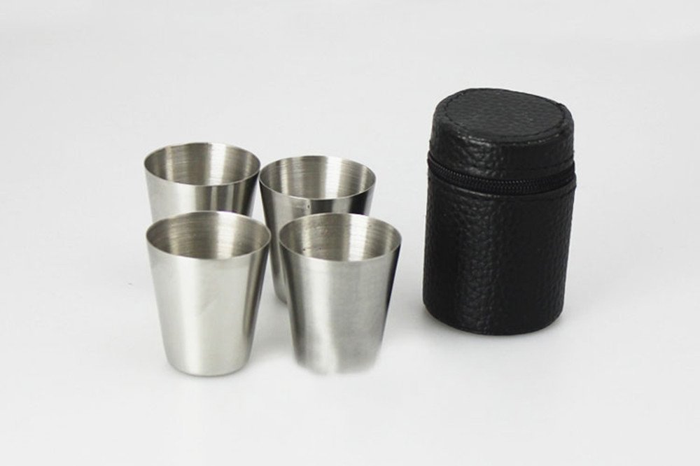 Yueton® Set of 4 Stainless Steel Shot Cups Drinking Vessel with Black Leather Carrying Case (30ml)