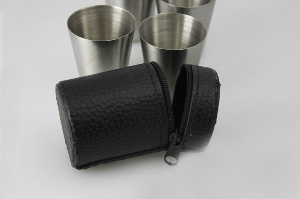 Yueton® Set of 4 Stainless Steel Shot Cups Drinking Vessel with Black Leather Carrying Case (30ml)