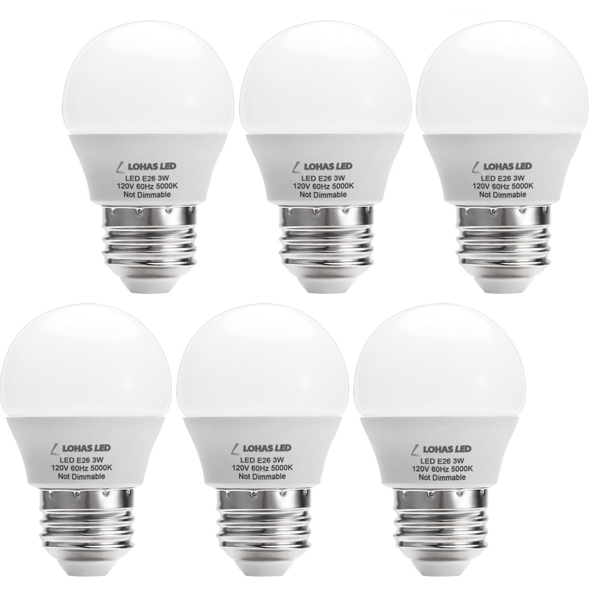 L LOHAS LED LH-BL-3W-5000k-6 G14(with UL Listed) 3W (25W Equivalent), LED Tiny, Small Night Bulbs 120V for Bedroom Ceiling Fan Table Lamp Light, 6 Count (Pack of 1), Daylight 5000K, E26 Base