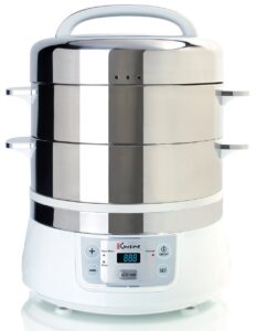 euro cuisine fs2500 electric food steamer, versatile vegetable steamer & steam cooker ideal for fish, veggie, meat, stainless steel 1200 watts