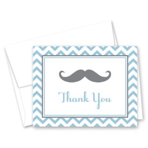 myexpression.com 50 cnt mustache blue chevrons baby shower thank you cards