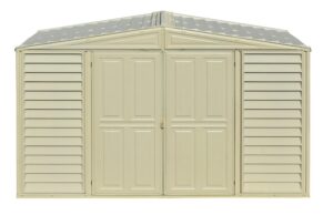 duramax sidepro 10.5 ft. x 3 ft. vinyl garden storage shed | made of fire retardant pvc resin, all-weather, waterproof outdoor solution, store bikes, tools, bbq, home gym | strong metal roof structure