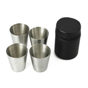 yueton® set of 4 stainless steel shot cups drinking vessel with black leather carrying case (30ml)