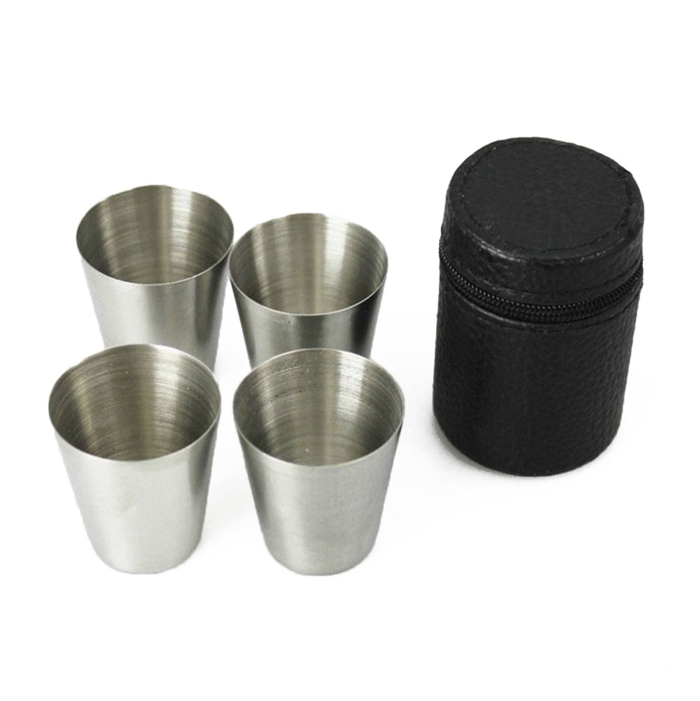 Yueton® Set of 4 Stainless Steel Shot Cups Drinking Vessel with Black Leather Carrying Case (30ml)