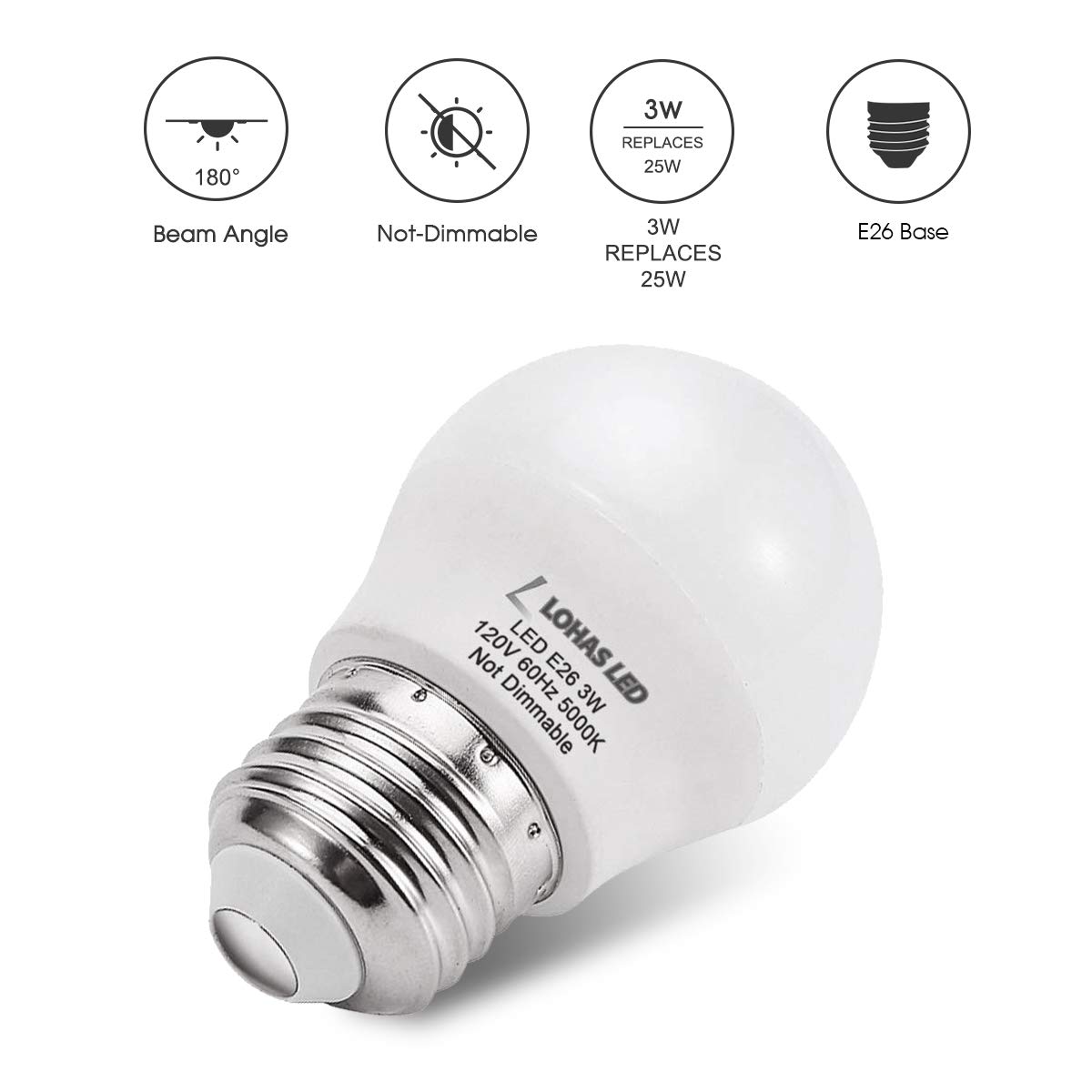 L LOHAS LED LH-BL-3W-5000k-6 G14(with UL Listed) 3W (25W Equivalent), LED Tiny, Small Night Bulbs 120V for Bedroom Ceiling Fan Table Lamp Light, 6 Count (Pack of 1), Daylight 5000K, E26 Base