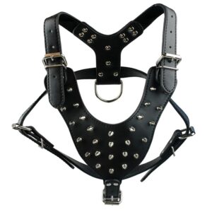 Berry Pet Leather Spikes Studded Medium & Large Black Dog Collar & Leash & Harness 3 Pcs Set for Pitbull Boxer