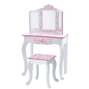 teamson kids princess gisele giraffe print 2-piece kids wooden play vanity set with vanity table, tri-fold mirror, storage drawer, and matching stool, white with pink animal print accent