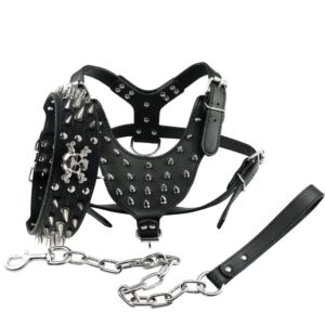 berry pet leather spikes studded medium & large black dog collar & leash & harness 3 pcs set for pitbull boxer