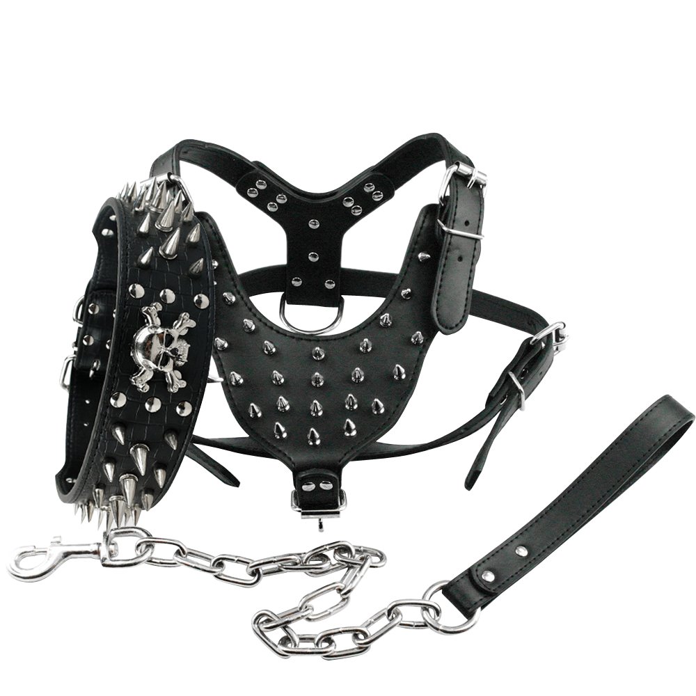 Berry Pet Leather Spikes Studded Medium & Large Black Dog Collar & Leash & Harness 3 Pcs Set for Pitbull Boxer