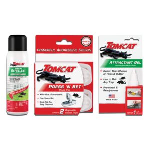 tomcat mouse bundle: kill & prevent mice, 14 oz. repellent spray, 2 press 'n set traps, 1 oz. attractant gel