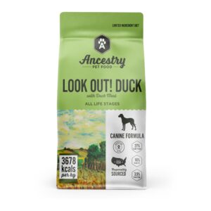 ancestry dog food, duck meal & potato recipe, crude protein, fiber & fat, for all life stages, dry dog food, prevent food allergies, improve gut health, grain free, immune support (4 lb. bag)