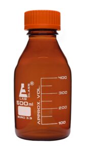 eisco reagent bottle, 500ml - amber colored glass - orange screw cap, drip free pouring ring - white graduations - borosilicate 3.3 glass