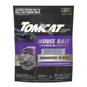 tomcat advanced brand mouse bait with refillable station, indoor and outdoor use, 1 station and 12 poison block refills