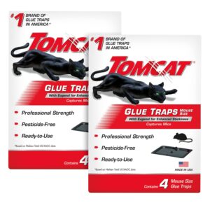 tomcat mouse trap with immediate grip glue for mice, cockroaches, and spiders, ready-to-use, 2-pack (8 glue traps)