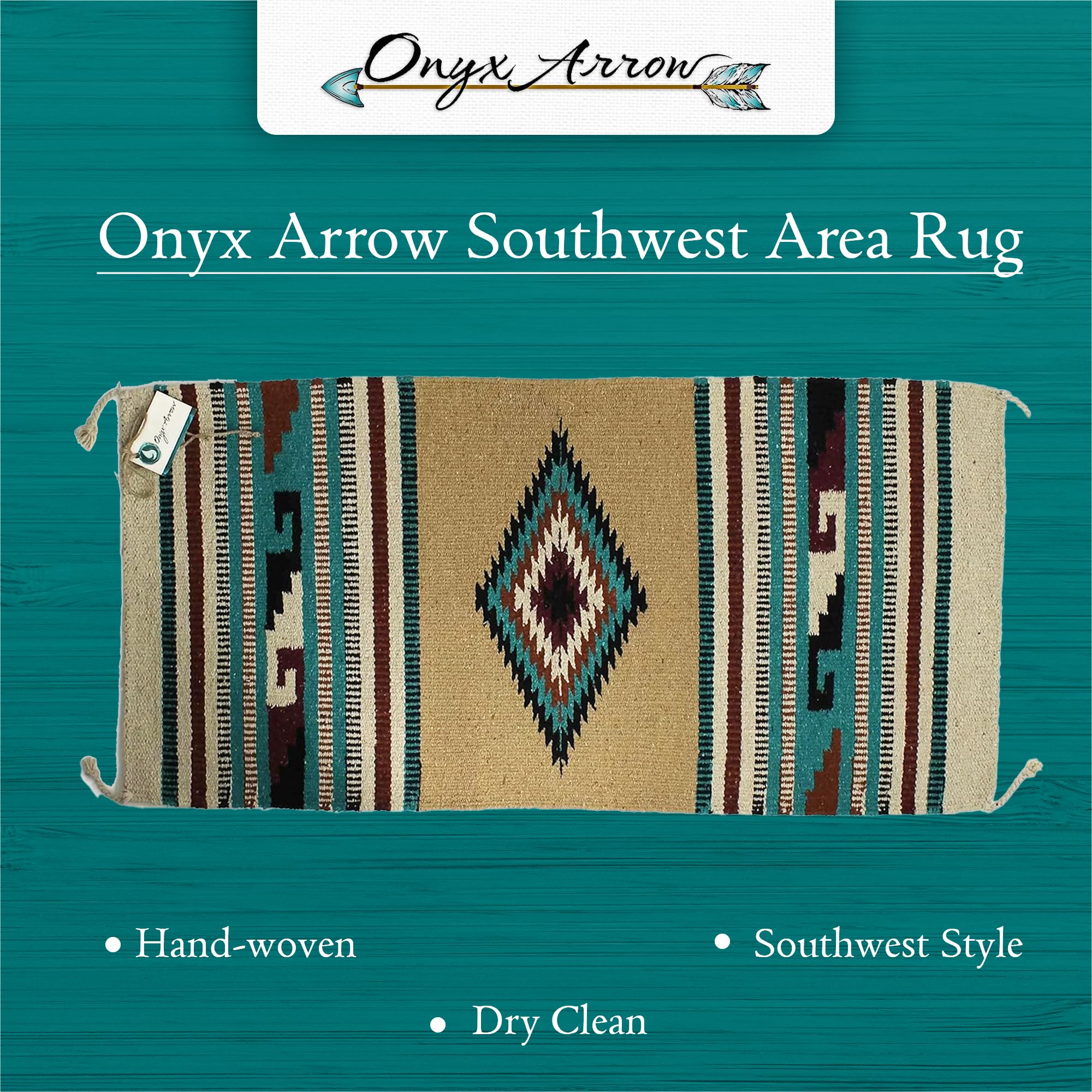 Onyx Arrow Boho Southwest Area Rug - Center Diamond Design - Washable Boho Rug - Southwestern Carpet Runner - Ideal for Living Room and Bedroom Decor - Bohemian Farmhouse Rug - 20x40 - Tan/Turquoise