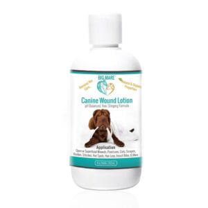 big mare canine wound lotion antibacterial/antifungal. clinically proven effective for hot spots, open wounds, stitches, yeast, flea irritation, bug bites & more. veterinary approved & recommended