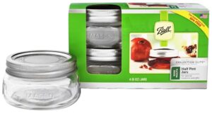 ball fba_61162 collection elite half pint, wide mouth, set of 4, 4 count (pack of 1), brushed silver lid, clear jar