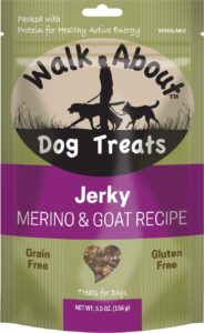 walk about pet, wa10002, premium jerky dog treats, grain-free, gluten-free, single source protein, lamb and goat recipe, resealable pouch, 5.5 ounces