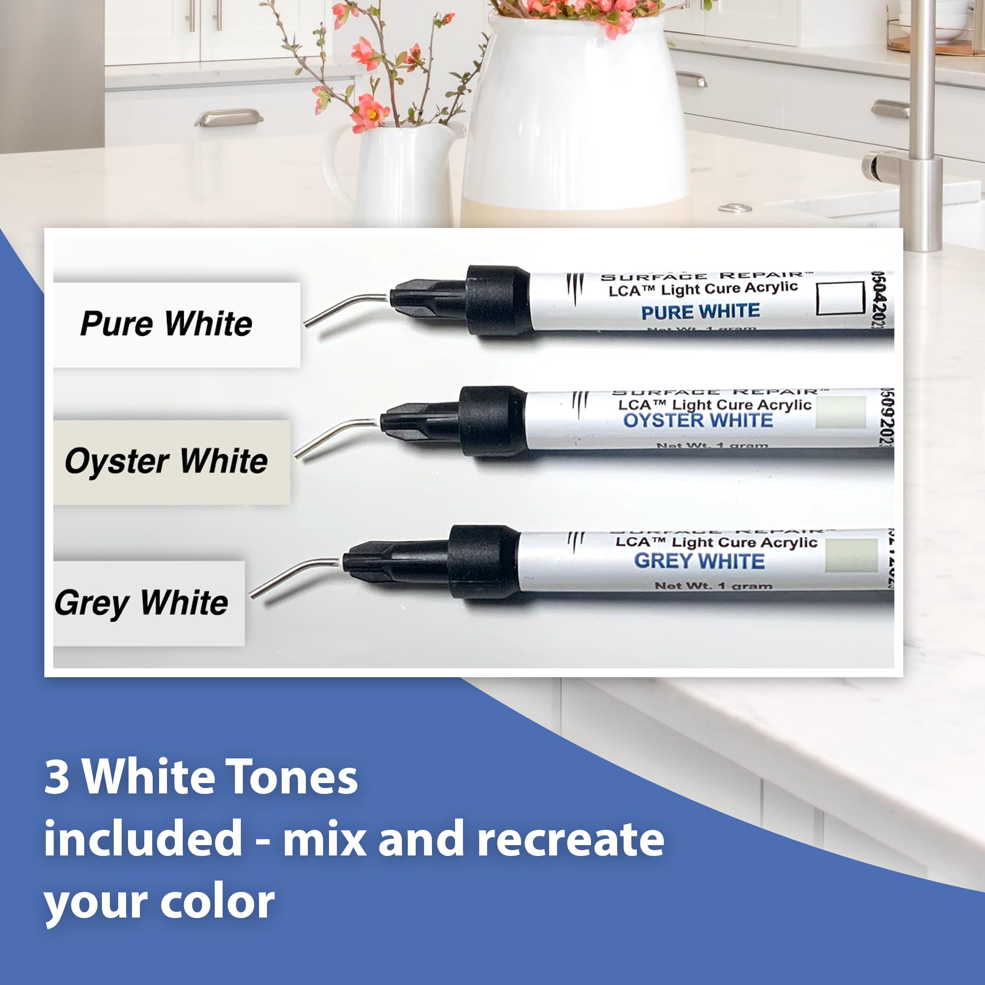 White Tones - Quartz Countertop Repair Kit White - Quartz, Marble, Granite, Acrylic, Porcelain Countertop Chip Repair Kit - White Quartz Chip Repair Kit - HIMG Surface Repair