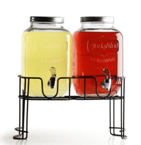 circleware double yorkshire mason jar glass beverage drink dispensers with metal stand, 1 gallon, clear