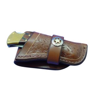 custom leather sheath made to fit a buck 110 or similar size knife. light brown western style sheath with star concho.