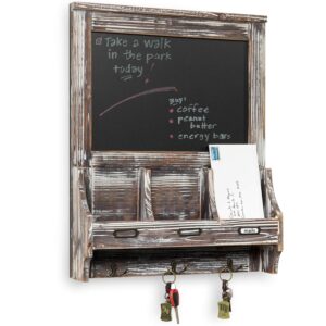 mygift wall mounted entryway mail holder and key organizer rack in rustic torched wood finish with decorative chalkboard