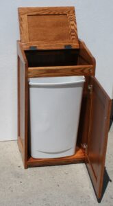 wood wastebasket, kitchen organizer storage, trash can. medium oak color