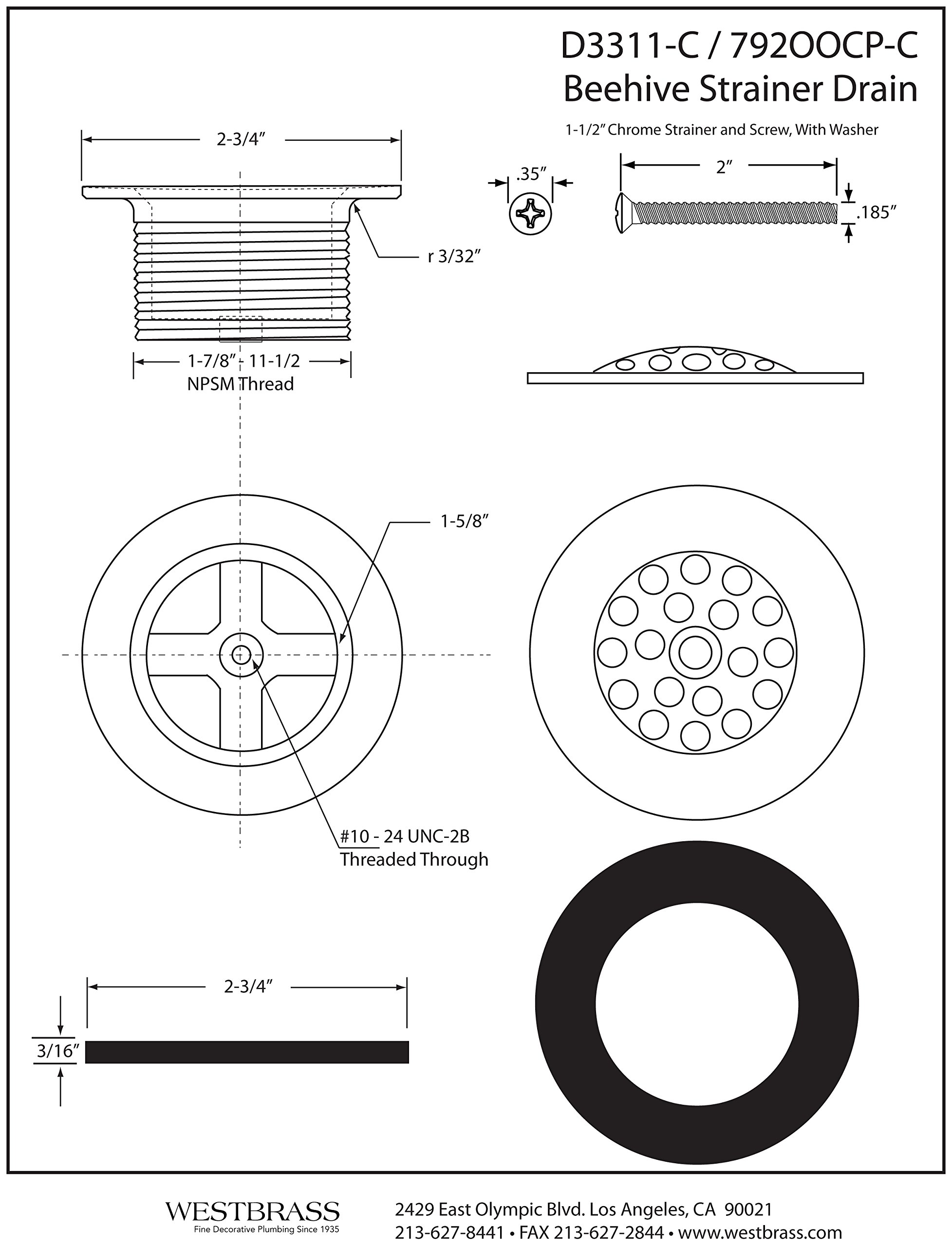 Westbrass 1-1/2” Bath Drain with Grid and Screw, Polished Chrome, D3311-C-26