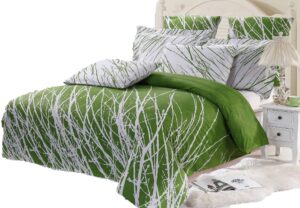 tree 3pc 100% cotton duvet cover and two pillow shams (green white, queen)