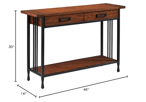 Leick Home Ironcraft Rustic Two Drawer Hall Sofa Shelf, Mission Oak and Black Metal, Console Table