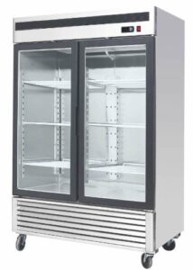 atosa mcf8703es 54" reach-in upright glass merchandiser display freezer for restaurant cafeteria convenient stores | led lighting, 2 swing door, 8 shelves, 44.8 cu ft capacity | stainless steel, 115v