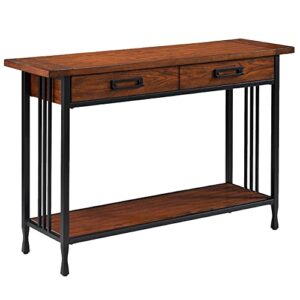 leick home ironcraft rustic two drawer hall sofa shelf, mission oak and black metal, console table