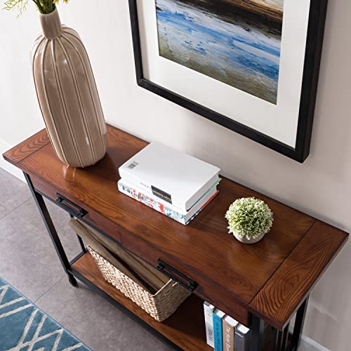 Leick Home Ironcraft Rustic Two Drawer Hall Sofa Shelf, Mission Oak and Black Metal, Console Table