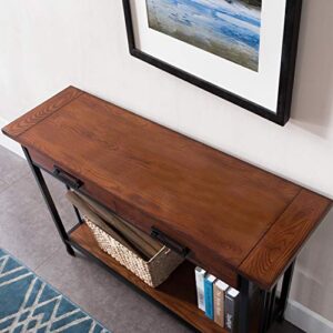 Leick Home Ironcraft Rustic Two Drawer Hall Sofa Shelf, Mission Oak and Black Metal, Console Table