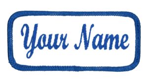 name patch uniform work shirt personalized embroidered white with blue border. sew on.