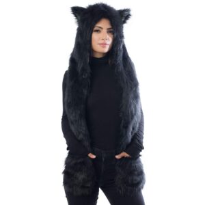 Halloween Costume Black Wolf Animal Anime Hood Cosplay Party with Paws and Ears Zipper Pocket