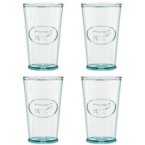 amici home milk glass | 11 oz | italian made, clear recycled glass with green tint | cute glass with cow motif for milk, water, juice, cocktails, fresh drinks (set of 4)