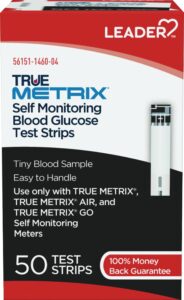 leader true metrix blood glucose test strips for diabetes, tiny blood sample, self-monitoring, triple sense technology, for adults and kids 12+, compatible with true metrix meters only, 50 strips