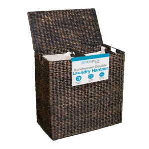 birdrock home handwoven double laundry hamper | removable liner bags | laundry basket with lid - college dorm room essentials, bathroom, bedroom, home clothes storage, organization | espresso