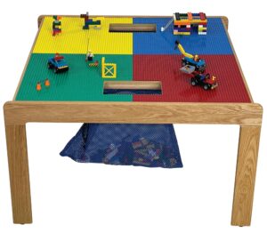 fun builder kids activity play table-compatible with lego® brand blocks w/built-in removable storage net for cleaning-made in usa-built to last-solid wood frame-32" x 32" preassembled- ages 5 & up