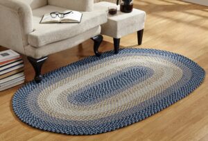 better trends woodbridge braid collection is durable mildew & moisture resistant reversible indoor area utility rug 100% wool in vibrant colors, 27" x 48" oval, blue