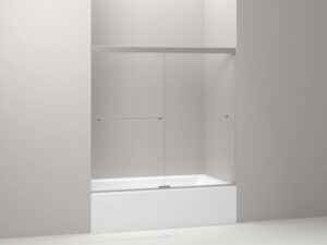 kohler revel sliding bath door, 55-1/2"h x 56-5/8 – 59-5/8"w, with 1/4" thick crystal clear glass