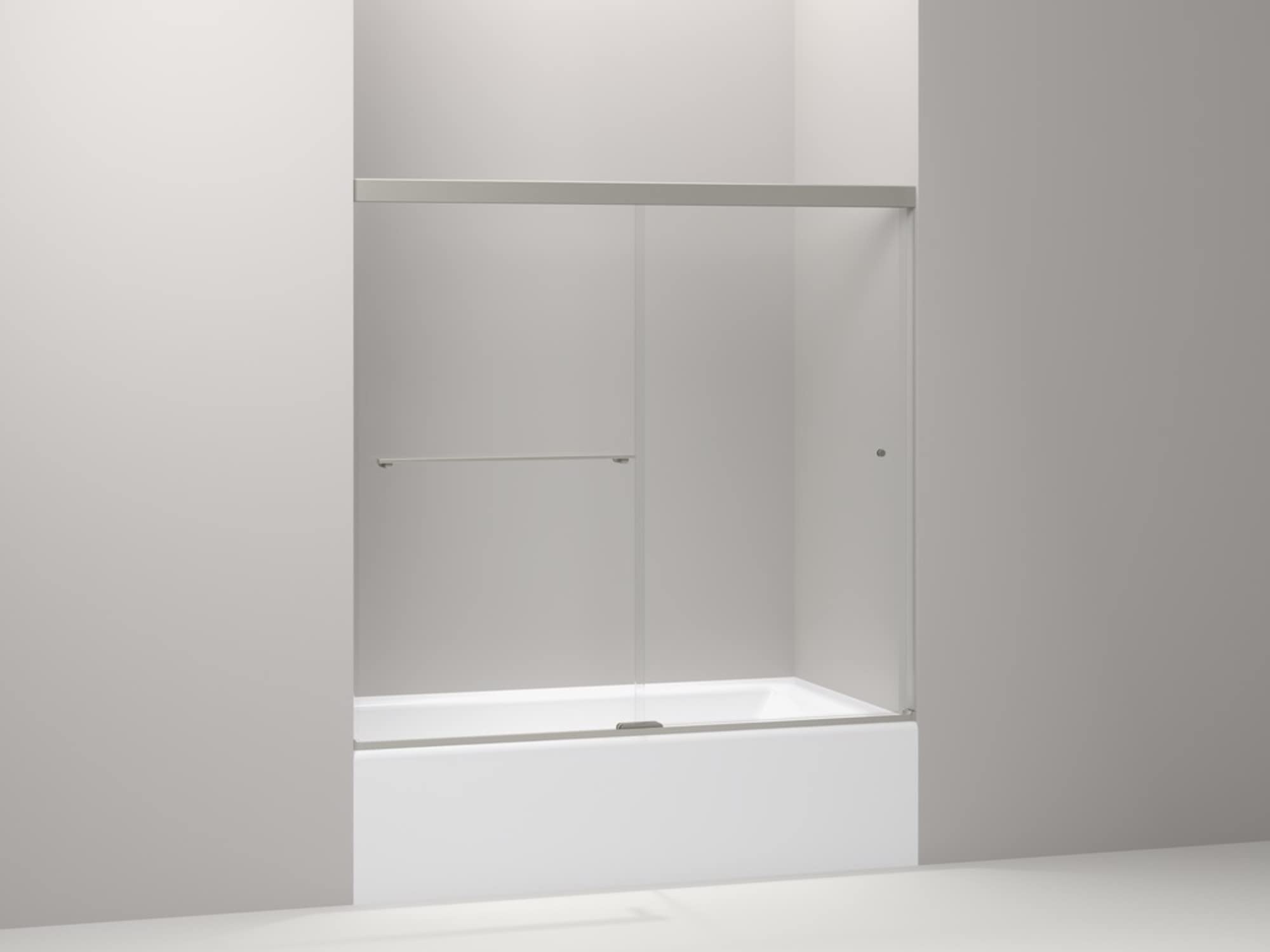 KOHLER Revel sliding bath door, 55-1/2"H x 56-5/8 – 59-5/8"W, with 1/4" thick Crystal Clear glass