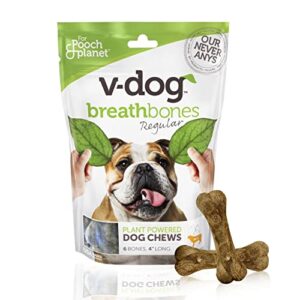 v-dog dog treats - vegan breathbone teeth cleaning dental dog bones - fresh breath - 8 ounces - all natural - made in usa - 6 bones - 4" long - easy to digest