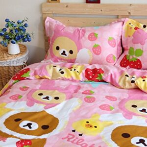 LELVA Rilakkuma Pattern Bedding Quilt/Comforter Cover Set Kids Bedding Duvet Cover Set for Girls Flat Sheet Pink Twin Size