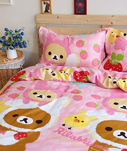 LELVA Rilakkuma Pattern Bedding Quilt/Comforter Cover Set Kids Bedding Duvet Cover Set for Girls Flat Sheet Pink Twin Size