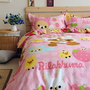 LELVA Rilakkuma Pattern Bedding Quilt/Comforter Cover Set Kids Bedding Duvet Cover Set for Girls Flat Sheet Pink Twin Size