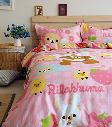 LELVA Rilakkuma Pattern Bedding Quilt/Comforter Cover Set Kids Bedding Duvet Cover Set for Girls Flat Sheet Pink Twin Size